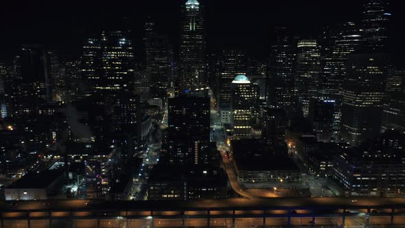 Epic Helicopter View of Seattle Skyline Skyscraper Buildings at Night ...