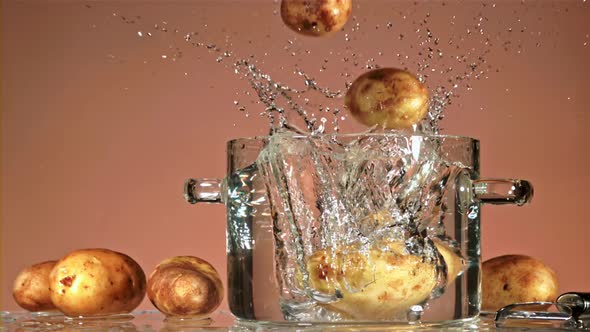 Fresh Unpeeled Potatoes Fall Into a Pot of Water Splashes, Stock Footage