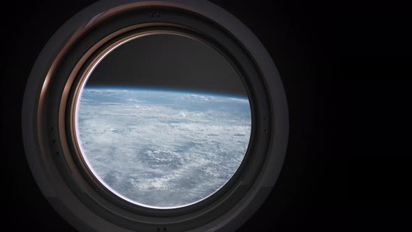 Earth As Seen Through Window Of Spaceship, Flight Of The Space Station ...