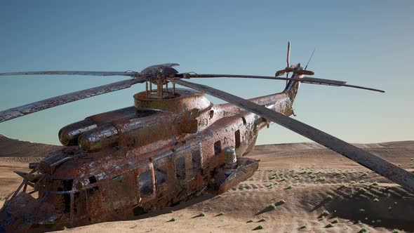 Old Rusted Military Helicopter in the Desert at Sunset, Motion Graphics