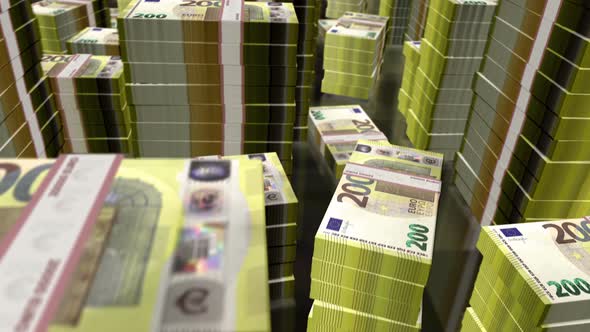 3d flight over the Euro money banknote packs loop, Motion Graphics