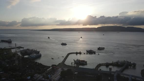Aerial view of Ferry boat crossing the Ketapang port. From Banyuwangi ...