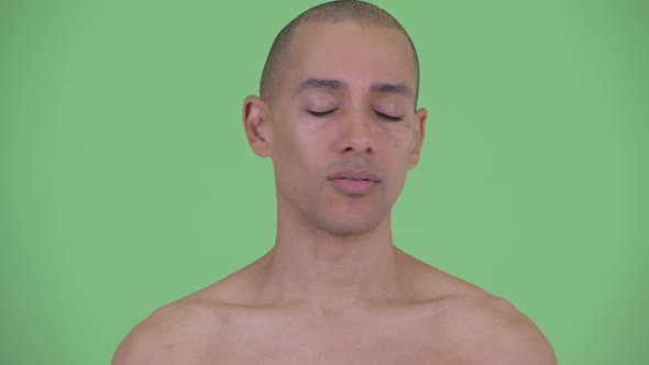 Face of Serious Bald Multi Ethnic Shirtless Man Nodding Head No, Stock ...