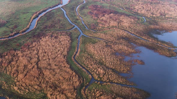 Scenic aerial view of River Delta, Marshes, swamp land, flooded ...