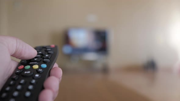 Male Hand Holding Remote the Control Turn Off Smart Tv, Stock Footage