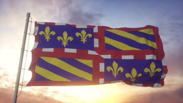Bourgogne Flag France Waving in the Wind Sky and Sun Background, Motion Graphics