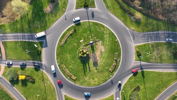 Aerial View of Road Roundabout Intersection with Fast Moving Heavy ...