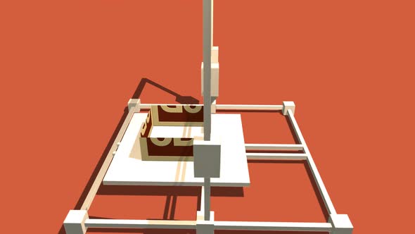 Simple Animation of Printing a 3D box with a 3D Printer. Red Background ...