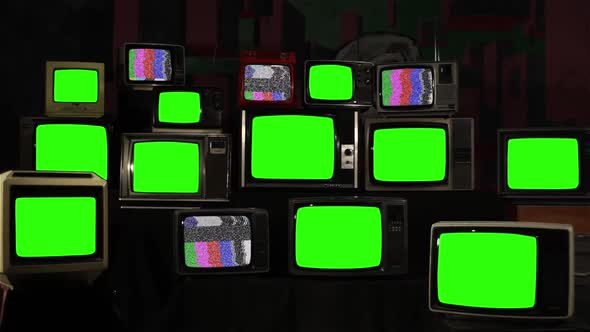 Retro TVs Turning On and Off Green Screens with Color Bars., Stock Footage