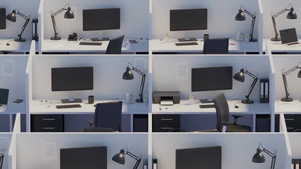 Row of endless cubicles in white, modern office space. Contemporary ...
