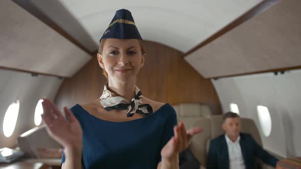 POV Stewardess Applause To Camera Inside of Private Business Jet Cabin ...