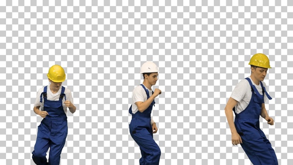 Three male construction workers in hard, Alpha Channel, Stock Footage