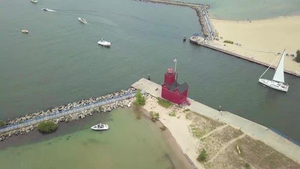 Aerial view of Holland Harbour Light (Big Red Lighthouse) and ...