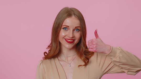 Businesswoman Girl Raises Thumbs Up Agrees Gives Positive Reply