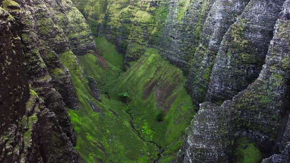 Drone Survey From the Wild Deep Ravine of Hawaii Massif. Rocky Volcanic ...