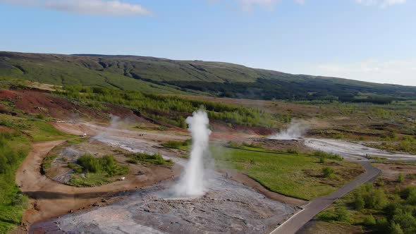 Rare double eruption of Strokkur geyser, Iceland (aerial view), Stock ...