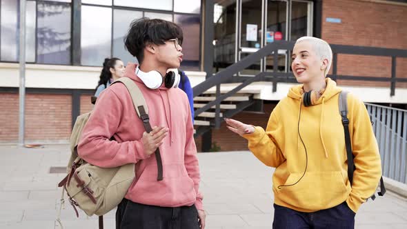 University Students Friends Going Out of Classes Carrying Backpacks and ...