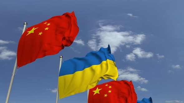 Flags of Ukraine and China at International Meeting, Motion Graphics