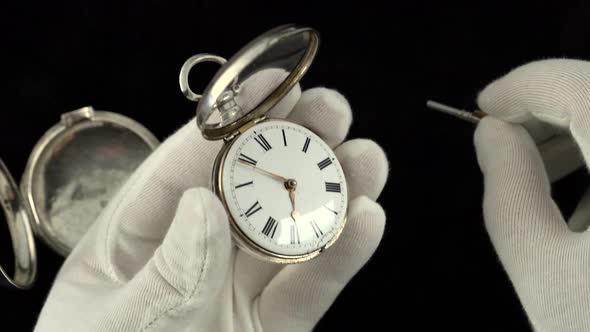 Men's Gloved Hands Hold a Pocket Watch and Customize Them. Black ...