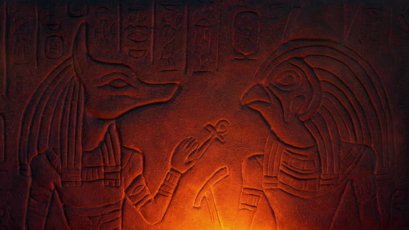 Egyptian Carvings Lit Up With Fire In Dusty Tomb, Stock Footage | VideoHive