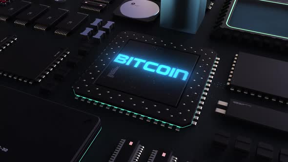 bitcoin header on the background of microprocessors on a circuit board ...