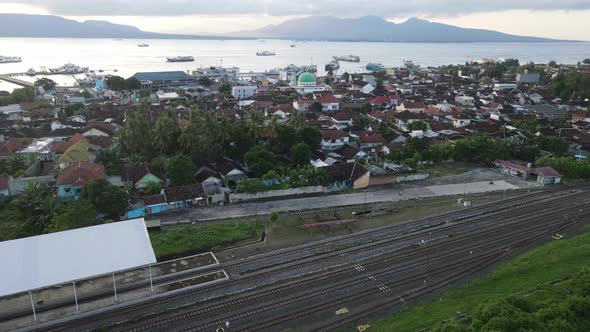 Aerial view of Ferry boat crossing the Ketapang port. From Banyuwangi ...
