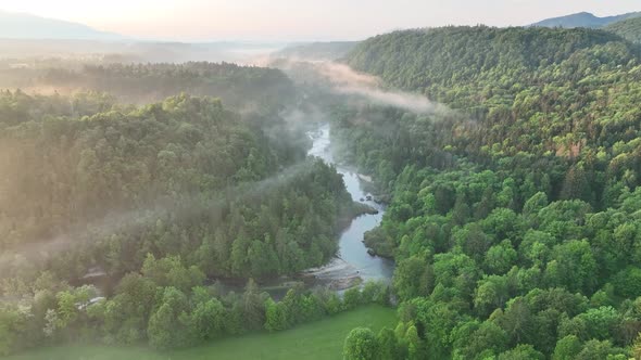 Flying over a river in mist on a beautiful sunrise, Stock Footage ...