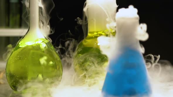 Colorful Biological Liquids Boiling and Smoking, Underground Lab ...