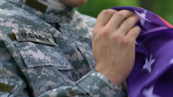 Sad US Army Soldier Crying Holding Flag, Memorial Ceremony for Killer ...