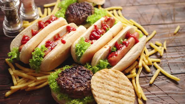 Hot Dogs, Hamburgers and French Fries. Composition of Fast Food Snacks ...
