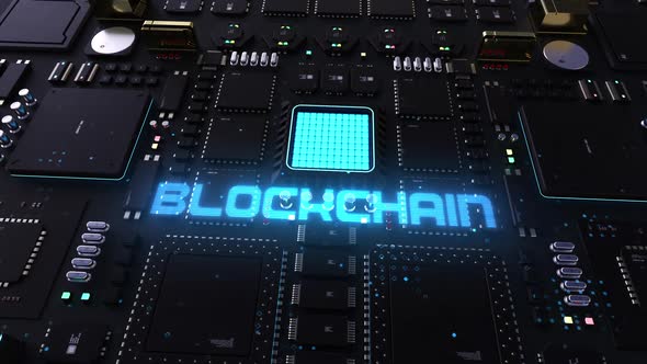blockchain header on the background of a chip with many processes ...