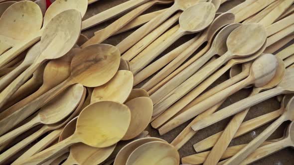 Pile Of Handmade Wooden Spoons For Sale In The Market 2, Stock Footage