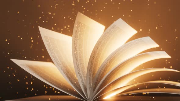 Endless flipping pages in magic book. Golden sparkles and glowing light ...