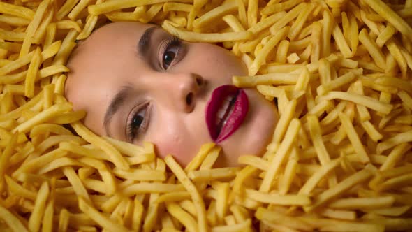 Beauty Fashion Model Girl Lying in Tasty French Fries, Stock Footage
