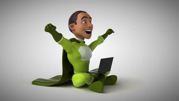 Fun 3D cartoon superhero typing on a laptop, Motion Graphics | VideoHive