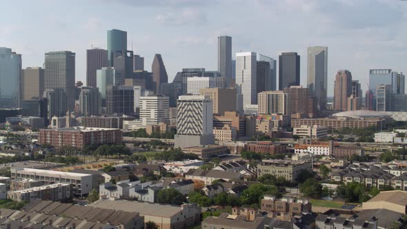 Establishing shot of downtown Houston from from historic Third Ward ...