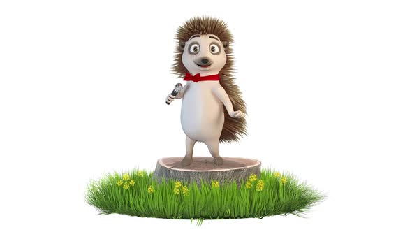 Hedgehog Sings With A Microphone On A Stump on White Background, Motion ...