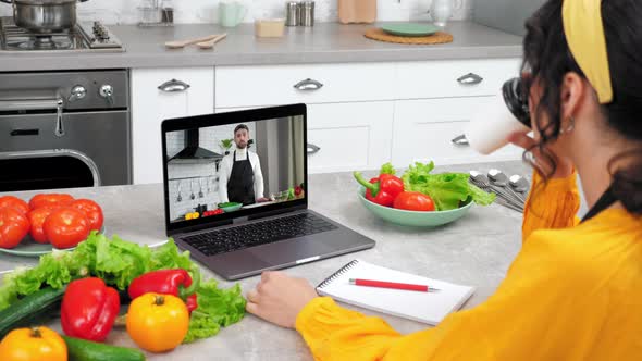 Woman in Kitchen Study Remote Cooking Lesson Listen Chef Teacher ...
