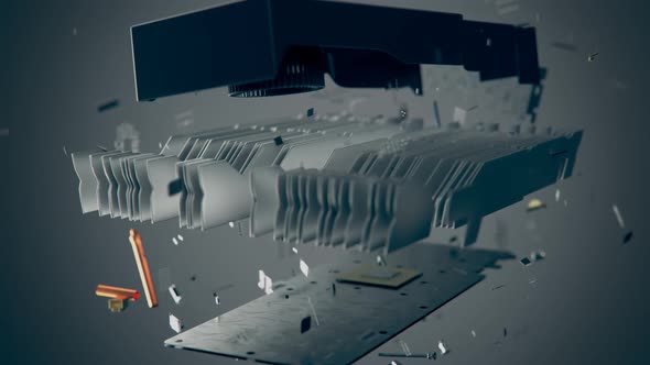 Graphic card assembling from pieces floating in empty space. Exploded ...