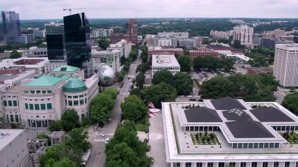 Drone shot of downtown Raleigh with the state legislature building in ...