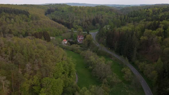 wide drone view over the valleys and mountains of the German Hesse ...