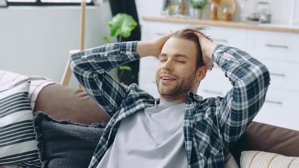 Closeup of Calm Relaxed Satisfied Caucasian Guy in Casual Shirt Resting ...