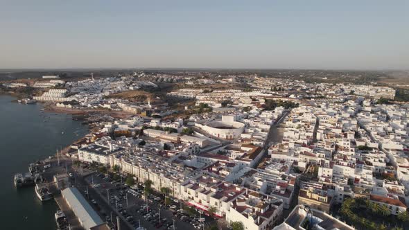 White cityscape of Ayamonte town in Spain, aerial fly over view, Stock ...