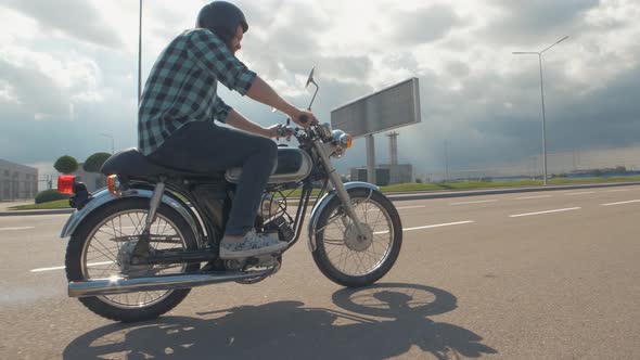 Young Man Riding Custom Motorcycle on Street Road Slow Motion, Stock ...