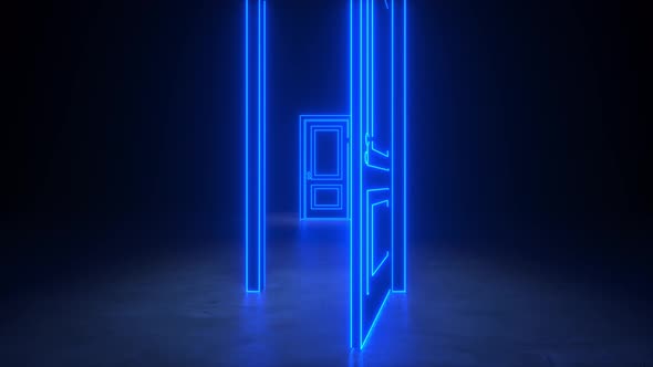 Opening blue neon doors light in black hall room, Motion Graphics ...