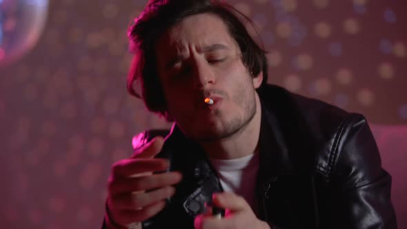Drunk Guy Smoking Cigarette Relaxing at Night Club Disco Party, Harmful ...