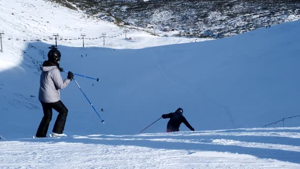 Mountain Skiers Slide Downhill on the Ski Run Mountain Skiing 60p ...
