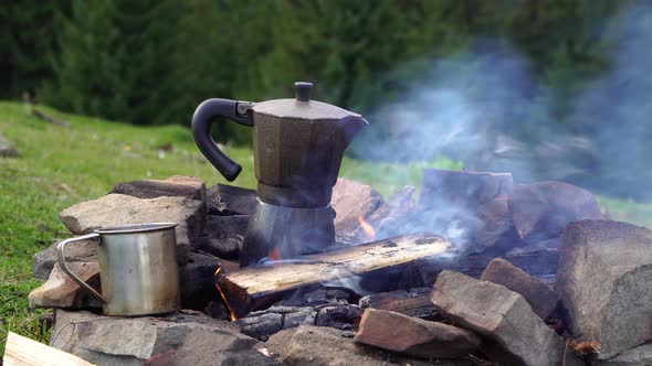 Morning Coffee Is Cooked in a Coffee Maker on a Fire in the Mountains ...