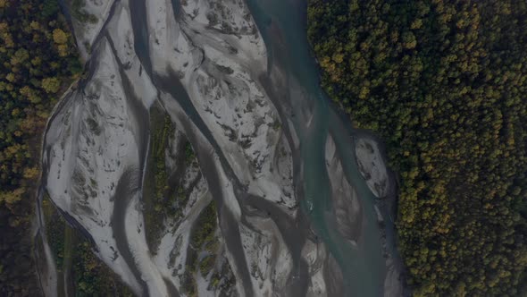 Aerial view Laba river flood, forest at dawn, autumn, natural water ...