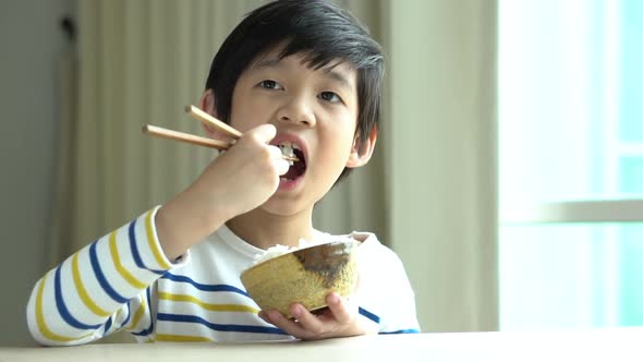 Cute Asian Boy Eating Rice With Chopsticks, Stock Footage | VideoHive